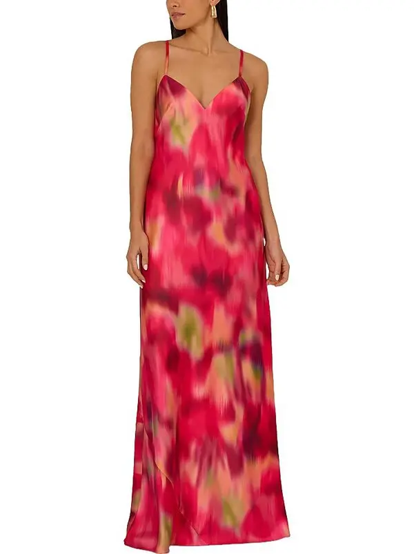 Adrianna Papell Printed Satin V-neck Gown - Hot Pink Multi