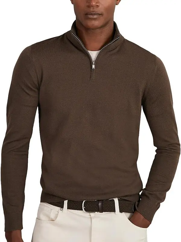 REISS Long Sleeved Half Zip Merino Wool Sweater - Chocolate