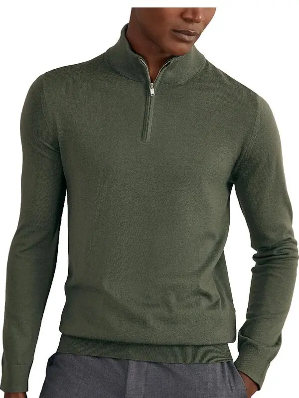 REISS Long Sleeved Half Zip Merino Wool Sweater - Kale Green