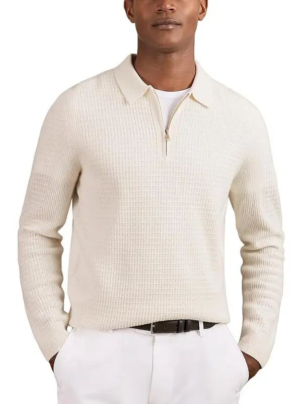 REISS Hamilton Long Sleeved Half Zip Square Textured Wool Polo Shirt - Off White
