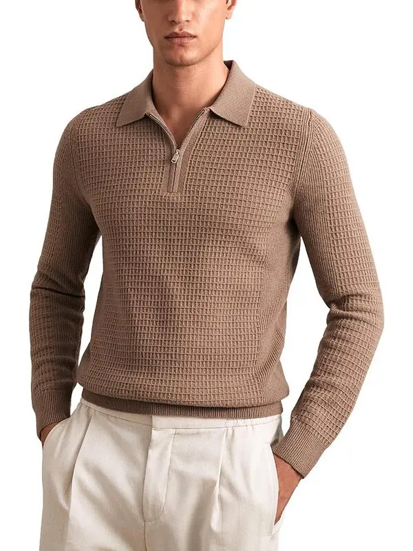 REISS Hamilton Long Sleeved Half Zip Square Textured Wool Polo Shirt - Camel Brown