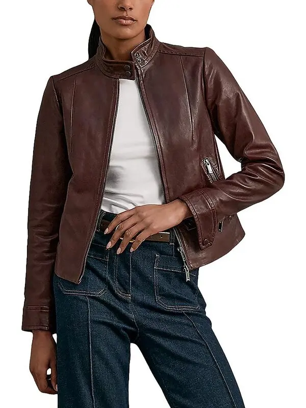 REISS Astra Fitted Leather Jacket - Burgundy
