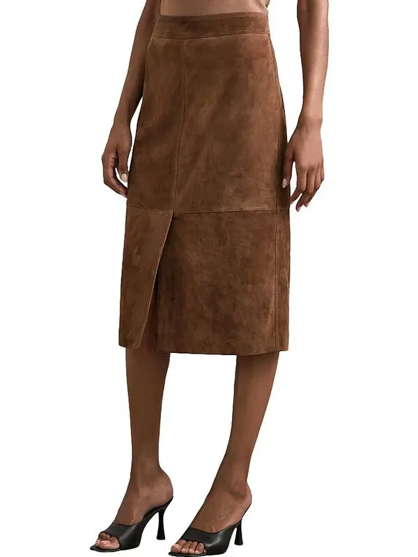 REISS Miley Suede Midi Skirt - Tan Brown