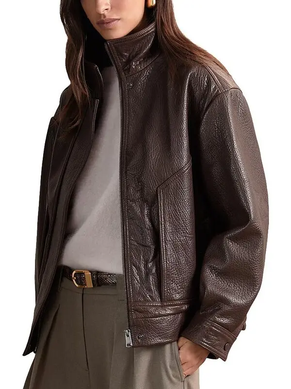 REISS Kiara Textured Leather Jacket - Burgundy