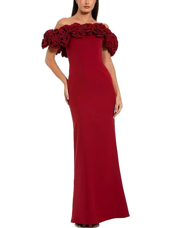 Mac Duggal Off-the-shoulder Gown With 3d Roses - Ruby