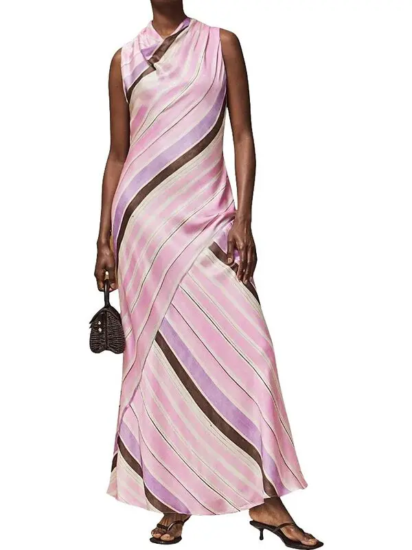 RO & ZO Phoebe Stripe Cowl Neck Satin Dress - Pink