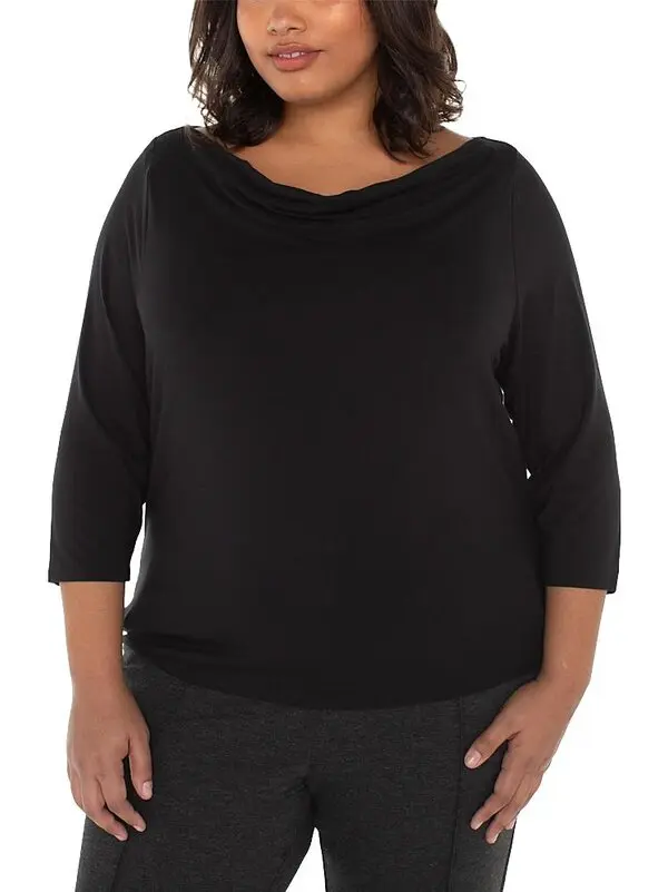 LIVERPOOL Three Quarter Sleeve Drape Neck Knit Top - Black