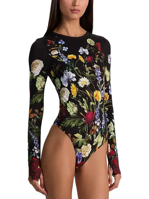 Alice + Olivia Olea Long Sleeve Floral Bodysuit - Social Hour Black