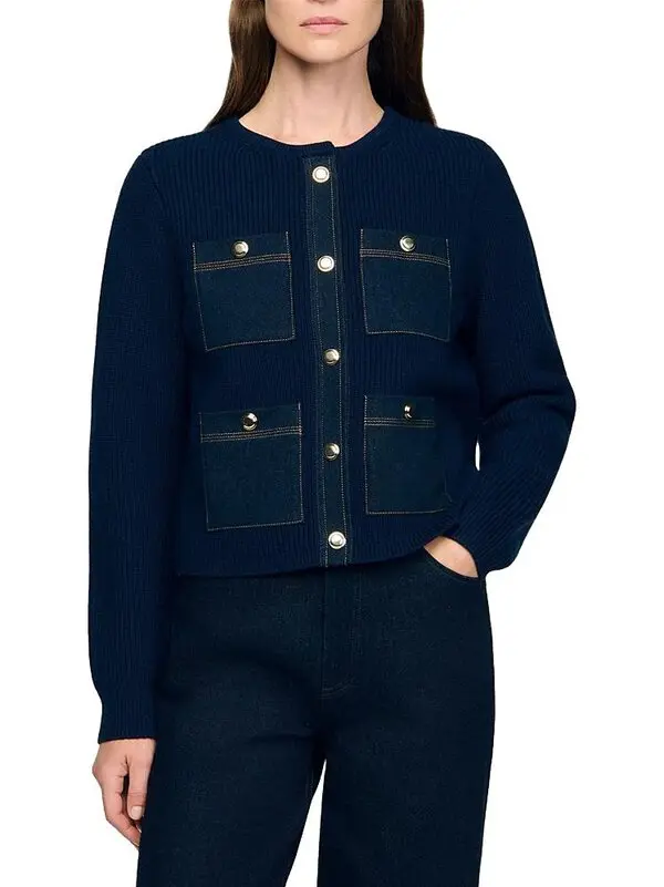Sandro Denim Trim Cardigan - Navy Blue