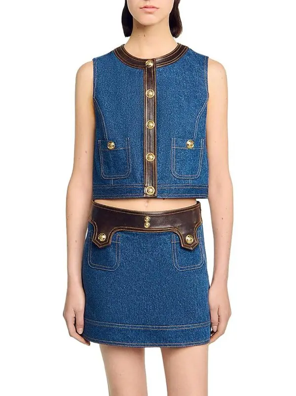 Sandro Leather Trim Denim Vest - Dark Blue
