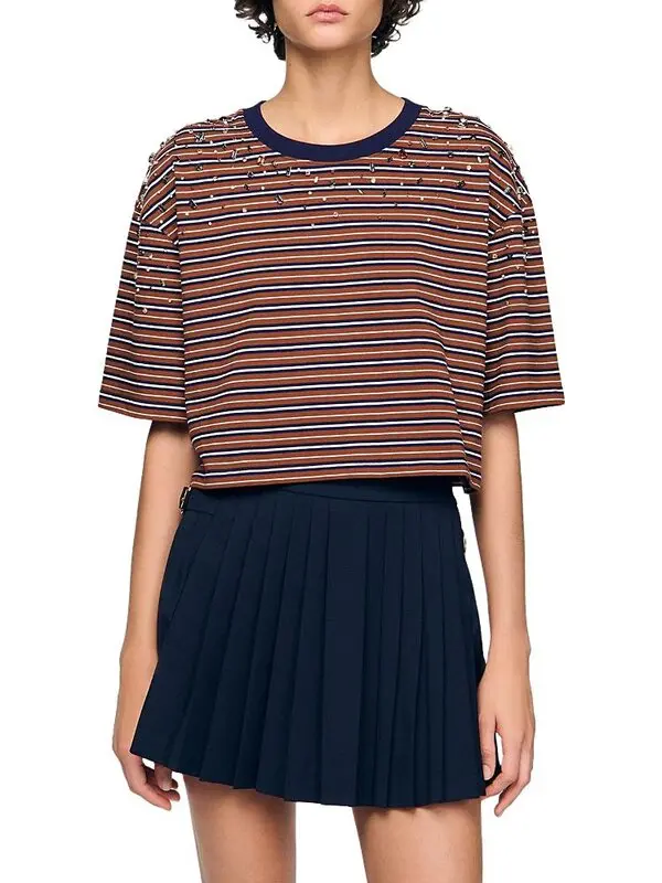 Sandro Striped Rhinestone Tee - Brown/deep Blue