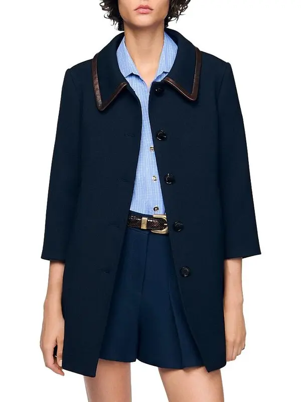 Sandro Leather Trim Jacket - Navy Blue