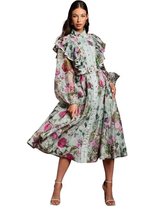 Coast Long Sleeve Printed Organza Shirt Dress - Sage