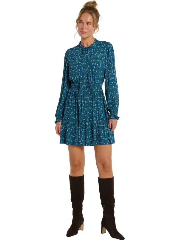 HERMOZA Lee Collar Neck Floral Mini Dress - Teal Meadow