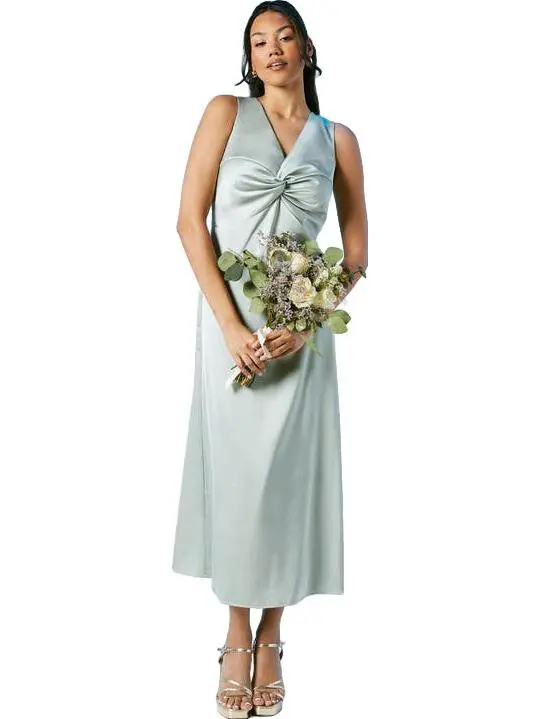 OASIS Satin Bridesmaids Midi Dress With Twist V-neck And Tie Back - Sage