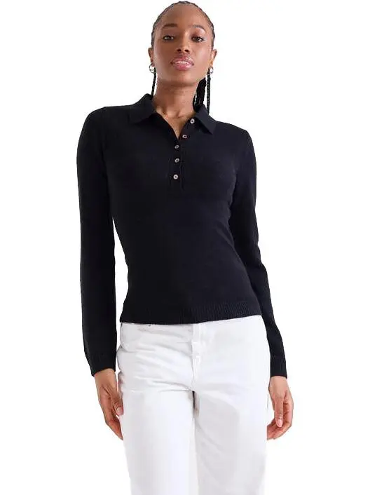 1982 Amaya Button 100% Cashmere Polo Top - Black