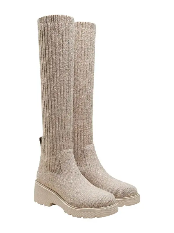 Vivaia Round-toe Knee-high Platform Wedge Boots - Oatmilk
