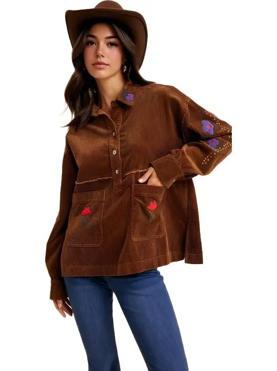 KNIT & LOUNGE Floral Embroidered Corduroy Jacket - Brown Floral Embroidery