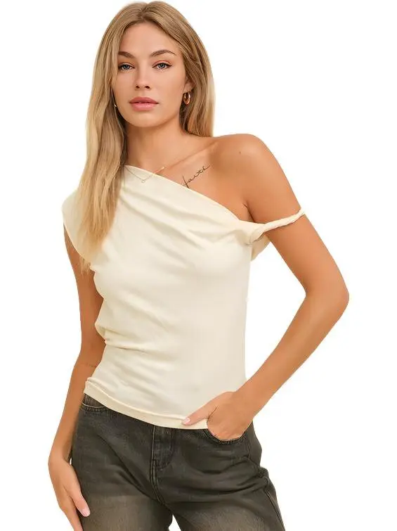 KNIT & LOUNGE Asymmetric One-shoulder Top - Cream