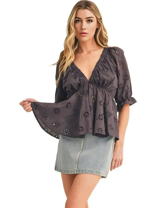 KNIT & LOUNGE Eyelet Peplum Top With Puff Sleeves - Dark Gray
