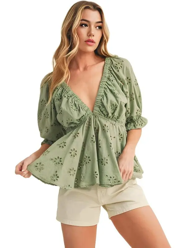 KNIT & LOUNGE Eyelet Peplum Top With Puff Sleeves - Sage Green