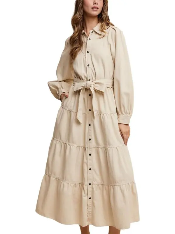 KNIT & LOUNGE Tiered Belted Bishop Sleeve Maxi Shirt Dress - Beige