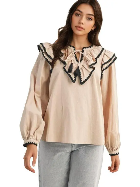 KNIT & LOUNGE Ruffle Trim Oversized Blouse - Beige /black