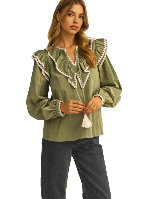 KNIT & LOUNGE Ruffle Trim Oversized Blouse - Olive