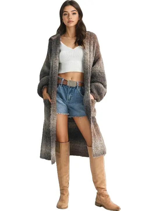 KNIT & LOUNGE Longline Ombre Brushed Knit Coat - Ombre Gray