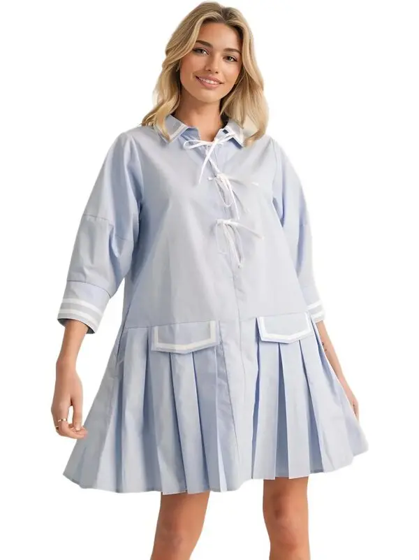 KNIT & LOUNGE Pleated Contrast Trim Front Tie Mini Dress - Light Blue