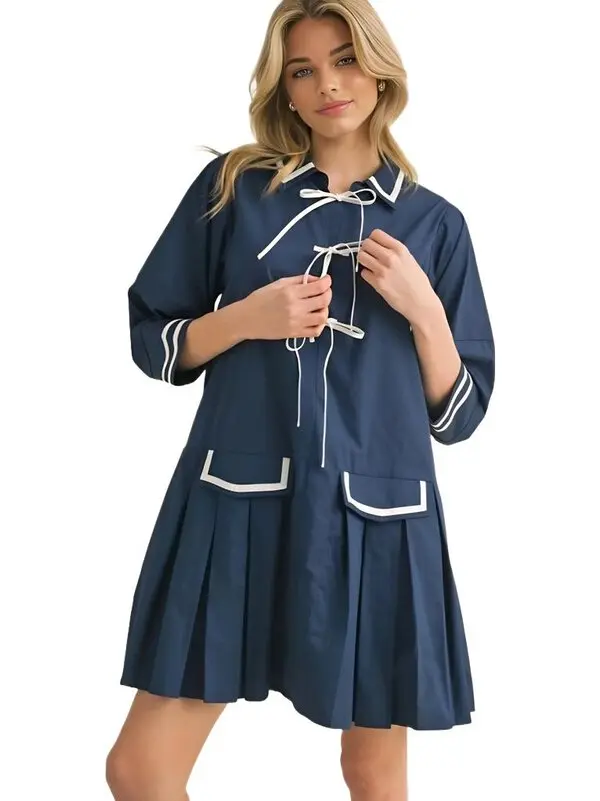 KNIT & LOUNGE Pleated Contrast Trim Front Tie Mini Dress - Navy