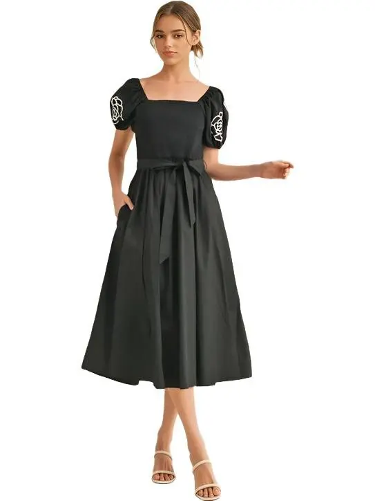 KNIT & LOUNGE Puff Sleeve Smocked Bodice Midi Dress - Black