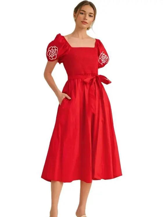 KNIT & LOUNGE Puff Sleeve Smocked Bodice Midi Dress - Red