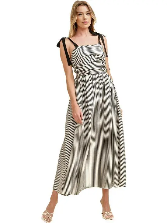 KNIT & LOUNGE Striped Shoulder Tie Maxi Dress - Black /white Stripes