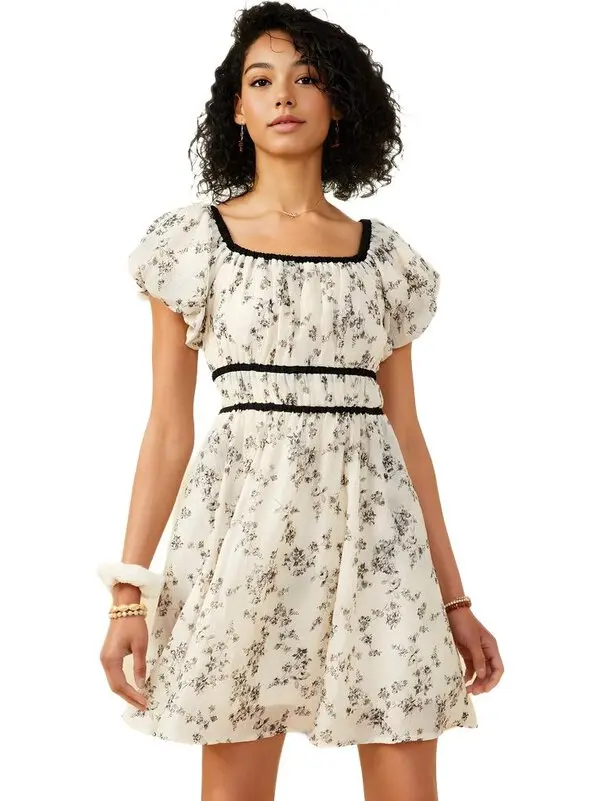 KNIT & LOUNGE Floral Mini Dress With Puff Sleeves - Cream /black