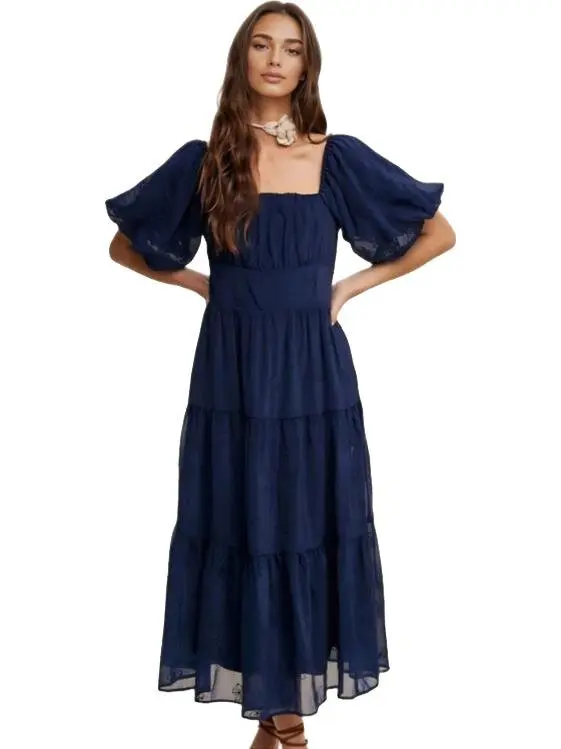 KNIT & LOUNGE Puff Sleeve Tiered Ruffle Lace Maxi Dress - Navy