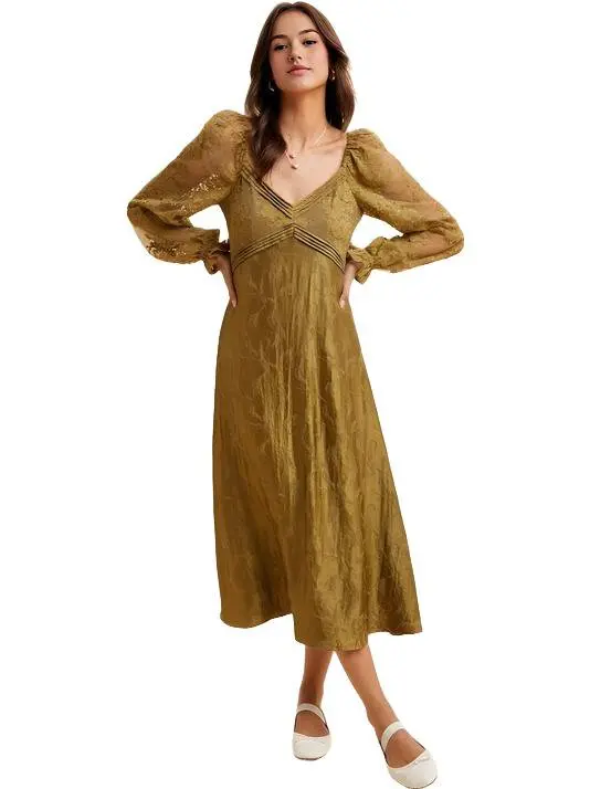 KNIT & LOUNGE Long Sleeve Sheer Accent Midi Dress - Olive Green