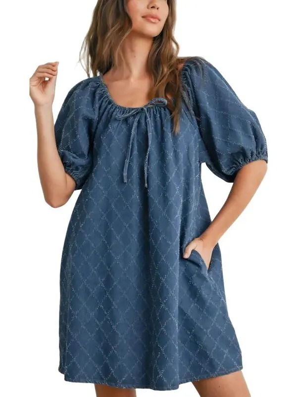 KNIT & LOUNGE Puff Sleeve Tie Neckline Mini Dress - Denim Blue