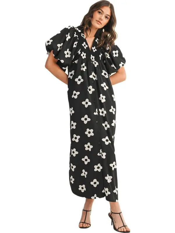 KNIT & LOUNGE Floral Puff Sleeve Maxi Dress - Black /white Floral