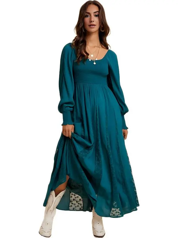 KNIT & LOUNGE Long Sleeve Maxi Dress With Smocked Bodice And Lace Insets - Teal