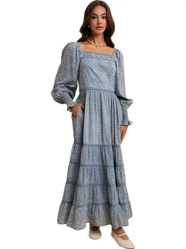 KNIT & LOUNGE Long-sleeve Tiered Maxi Dress - Blue Polka Dot