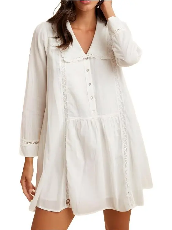 KNIT & LOUNGE Long Sleeve Button-front Babydoll Mini Dress With Crochet Trim - Ivory
