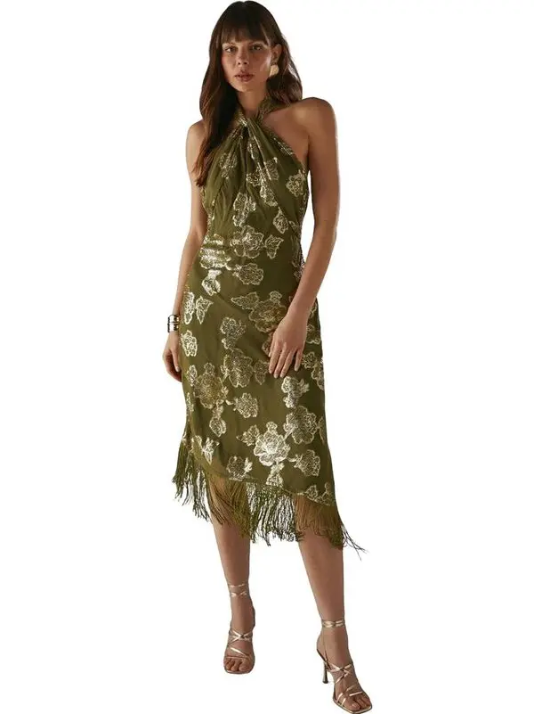 WAREHOUSE Metallic Chiffon Halterneck Midi Dress With Fringe Hem - Olive