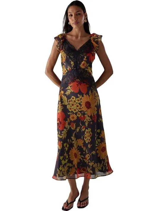 WAREHOUSE Lace Insert Frill Sleeve Midi Dress - Floral