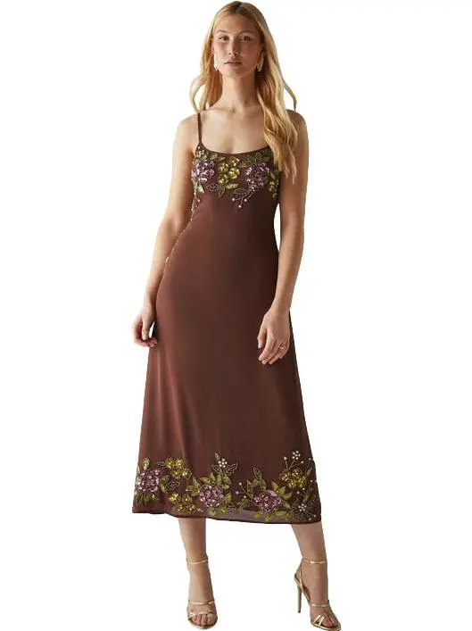 WAREHOUSE Embellished Strappy Sequin Midi Dress - Chocolate