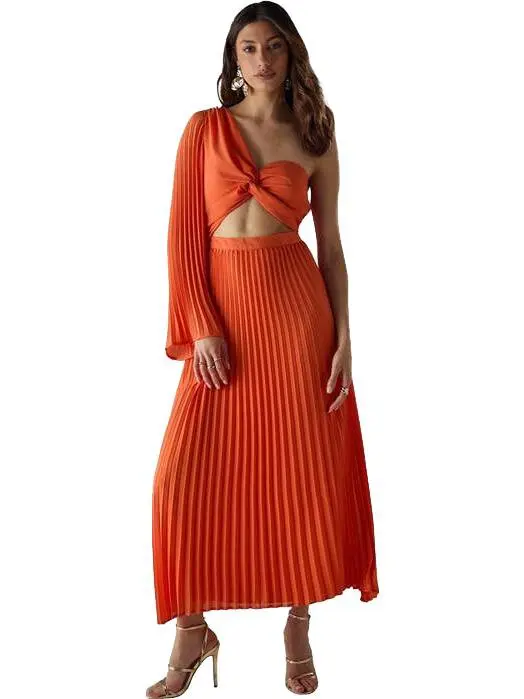 WAREHOUSE Chiffon One Shoulder Cut Out Midi Dress - Orange
