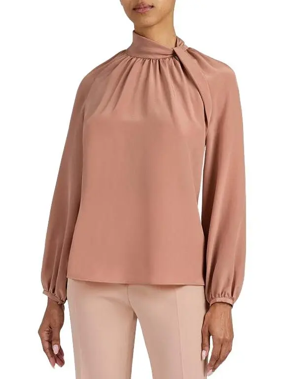 Santorelli Dakota Silk Mock Neck Blouse - Peach Whip