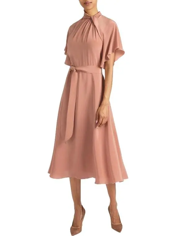 Santorelli Niki Silk Mock Neck Midi Dress With Cape Sleeves - Peach Whip