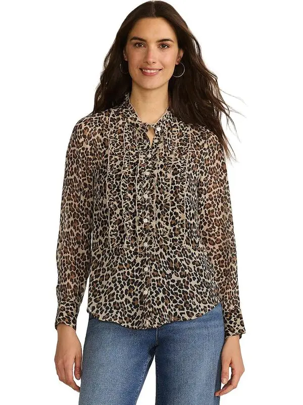 LANDS' END Chiffon Ruffle-front Long Sleeve Top - Champagne Animal Spots
