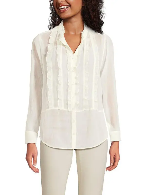 LANDS' END Chiffon Ruffle-front Long Sleeve Top - Ivory